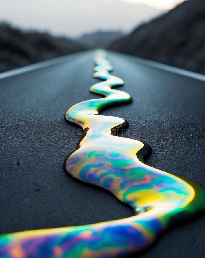Iridescent Oil Spill Meanders Across Asphalt Road Stock Photo - Image ...