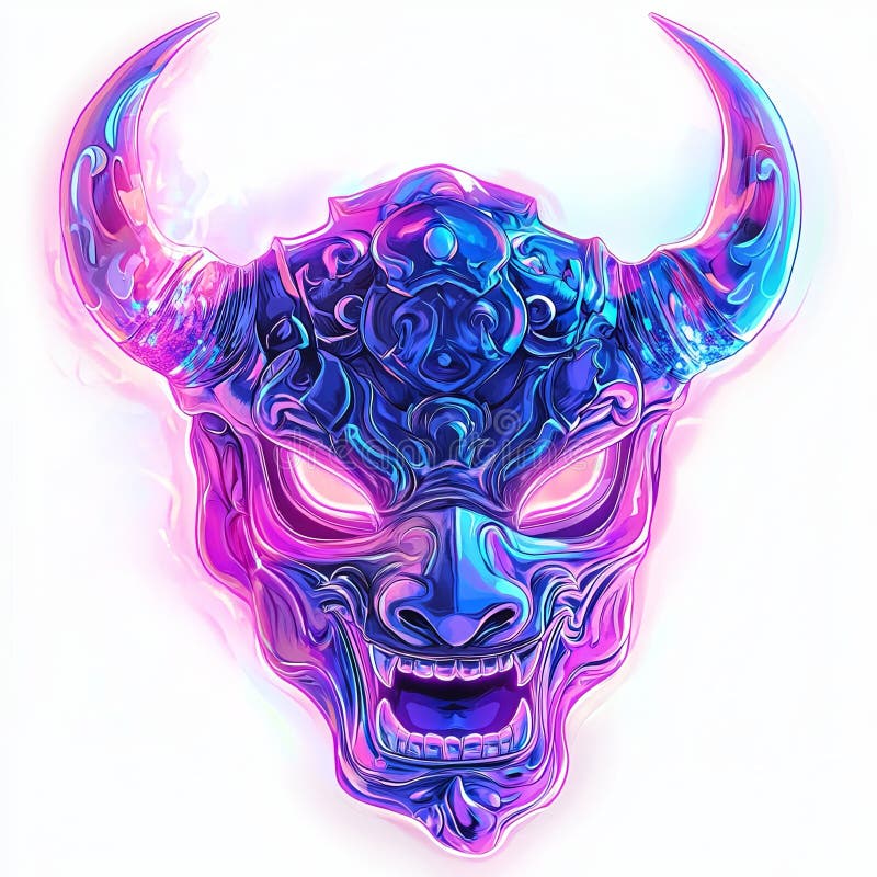 Iridescent Oni Mask with Glowing Eyes and Horns Stock Illustration ...