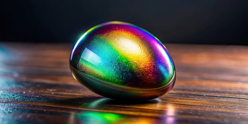 An Iridescent Oval Object Rests on a Dark Wooden Surface, Reflecting Vibrant Colors. Generative ...