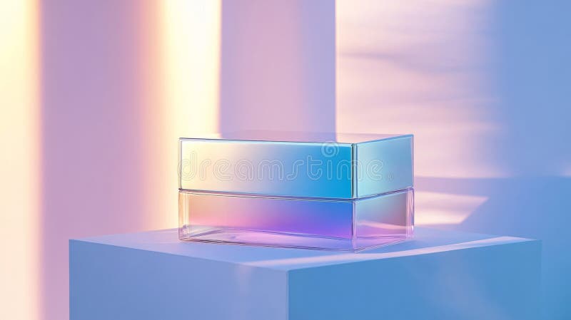 Iridescent Prism Cube Display on White Geometric Surface with Gradient ...