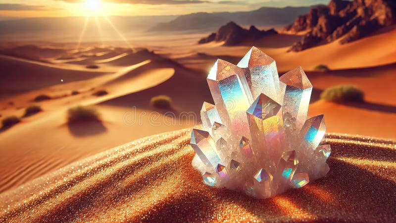 Iridescent Quartz Crystals on a Bed of Sand, Showcasing Their Natural ...