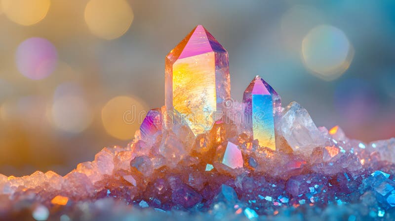 Iridescent Quartz Crystals Cluster with a Soft Blurred Background and ...