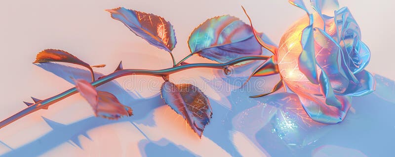 Iridescent Rose with Metallic Leaves on a Light Background, Abstract ...