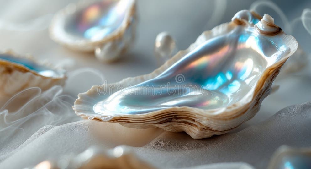 Iridescent Seashells and Pearls on Soft White Fabric: a Study in Light ...