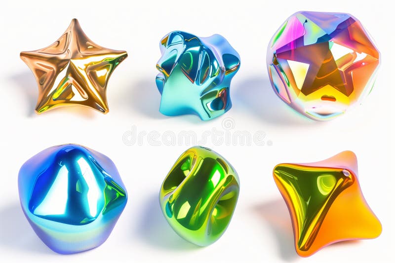 6 Iridescent Shapes, a Star and an Octahedron in Different Colors on a ...