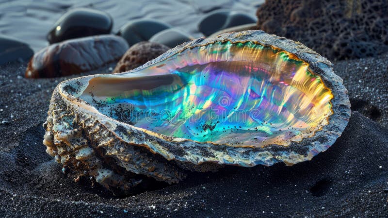 Iridescent Shell on Black Sand Beach Stock Image - Image of sand ...