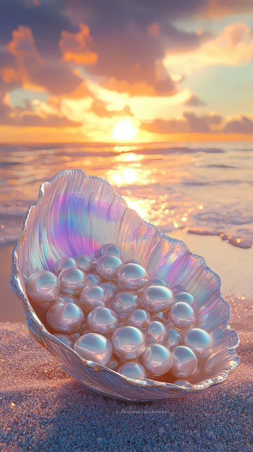 Iridescent Shell with Clustered Pearls at Sunset Beach Stock Image ...