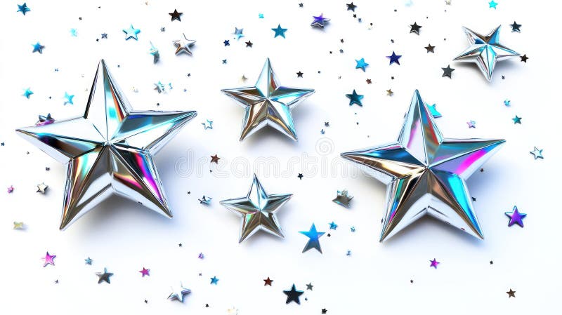 Iridescent Silver Stars Scattered on White Background Gliter Stock ...