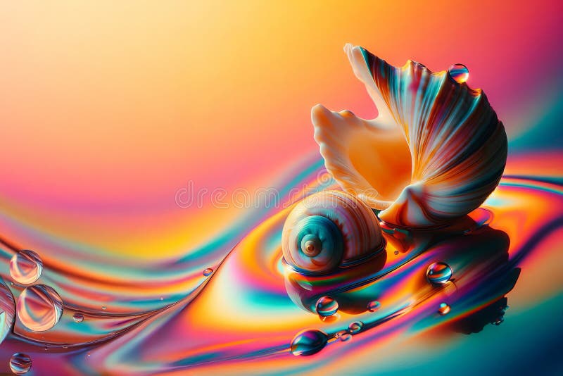 Iridescent Snail Shell with Water Droplets on Gradient Background ...