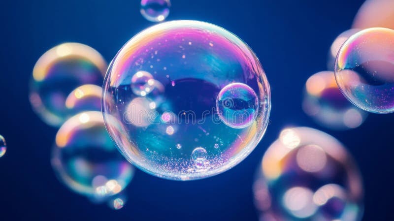 Iridescent Soap Bubbles Floating on a Dark Blue Gradient Background with Macro Details and ...