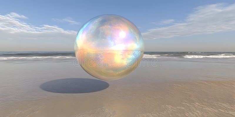 Iridescent Sphere Hovering Above the Beach with Ocean Waves and Blue ...