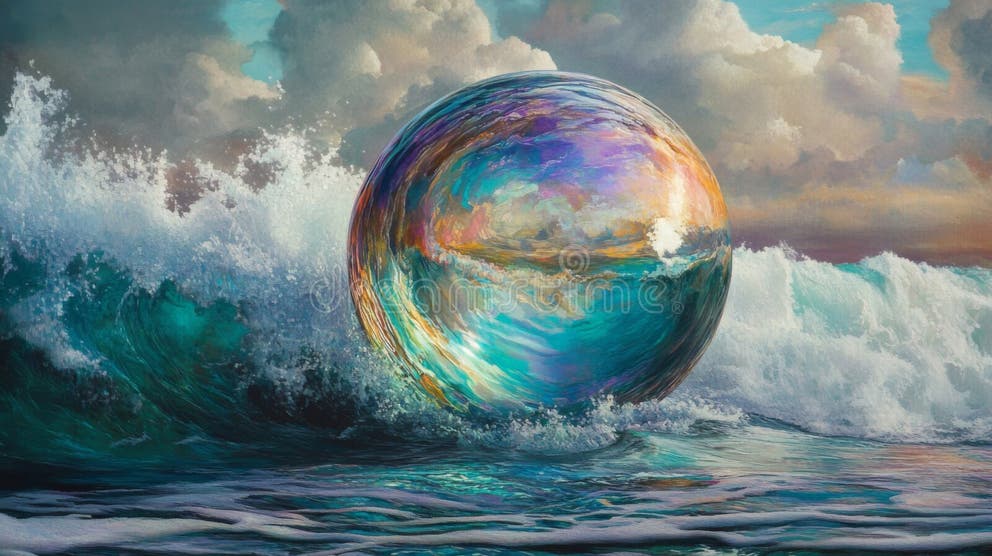 Iridescent Sphere in Ocean Waves Under Dramatic Sky Stock Illustration ...