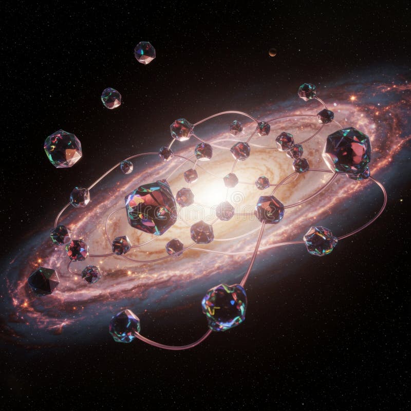 Iridescent Spheres Orbiting Spiral Galaxy Stock Illustration ...