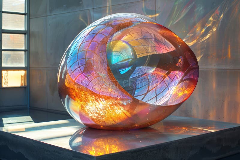 Iridescent Spherical Sculpture with Light Reflections in a Museum ...