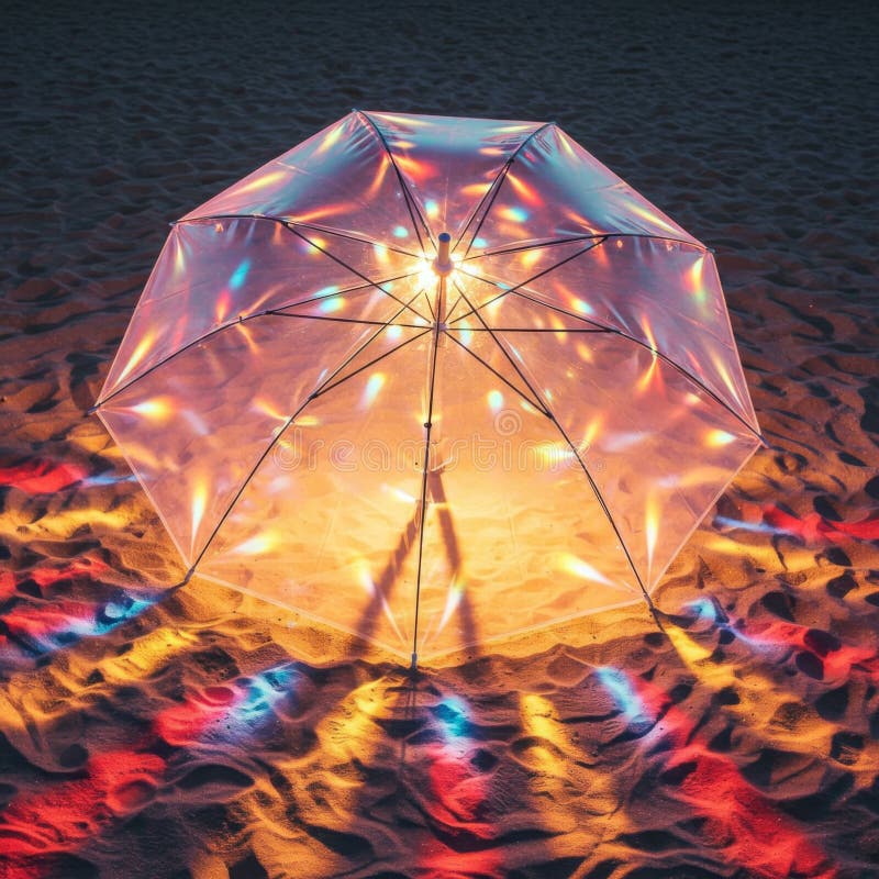 Iridescent Umbrella on Sandy Beach at Night Stock Illustration ...