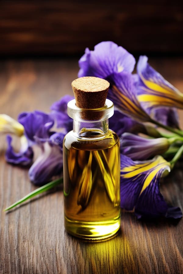Iris Essential Oil in a Bottle. Generative AI, Stock Illustration ...