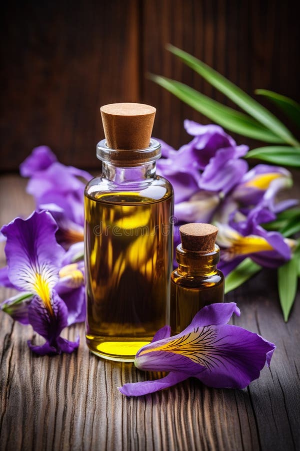 Iris Essential Oil in a Bottle. Generative AI, Stock Photo - Image of ...
