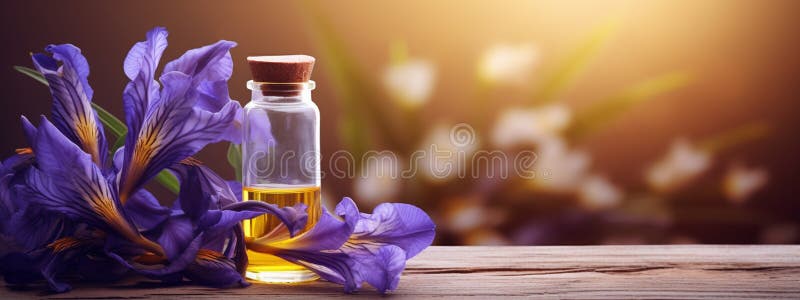 Iris Essential Oil in a Bottle. Generative AI, Stock Illustration ...