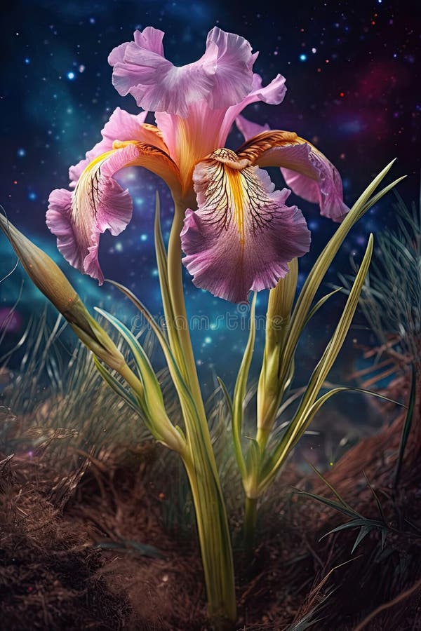 Iris Flower in Fantasy Landscape with Stars. Illustration Stock ...