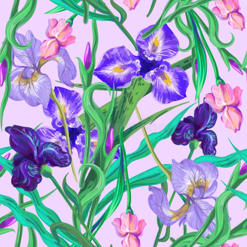 Iris Flowers and Leaves Seamless Floral Pattern. Vector. Hand Drawn ...