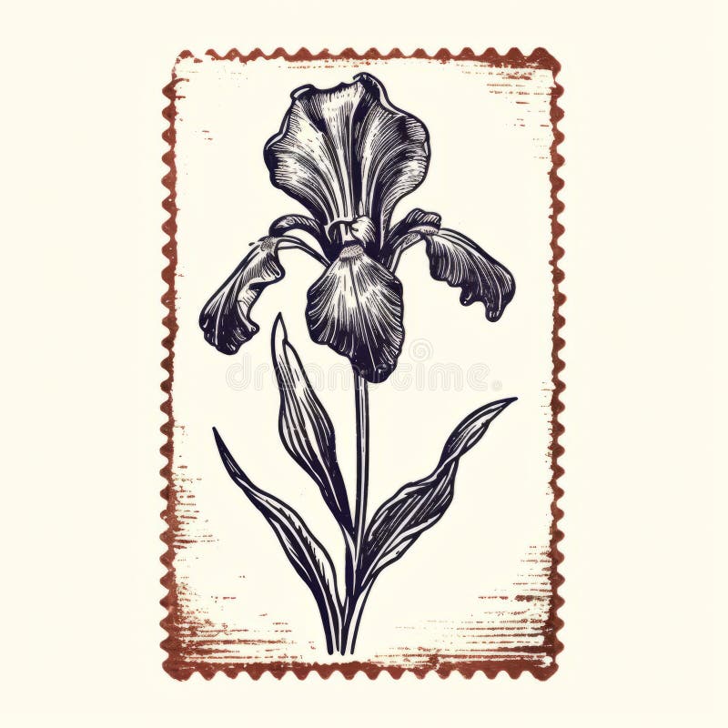 Vintage Elegance: Black and White Iris Stamp Illustration Stock ...