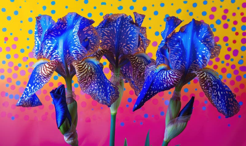 Irises in Pop Art Style, Bright Colors, Dotted Patterns Stock Photo ...
