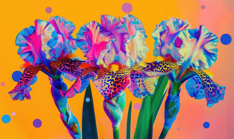 Irises in Pop Art Style, Bright Colors, Dotted Patterns Stock Image ...