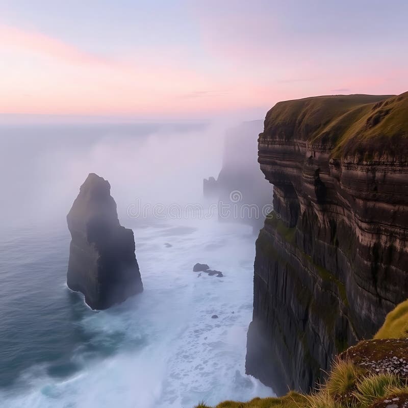 Irish Cliffs with Mist and Pink Sky at Dawn Stock Illustration ...