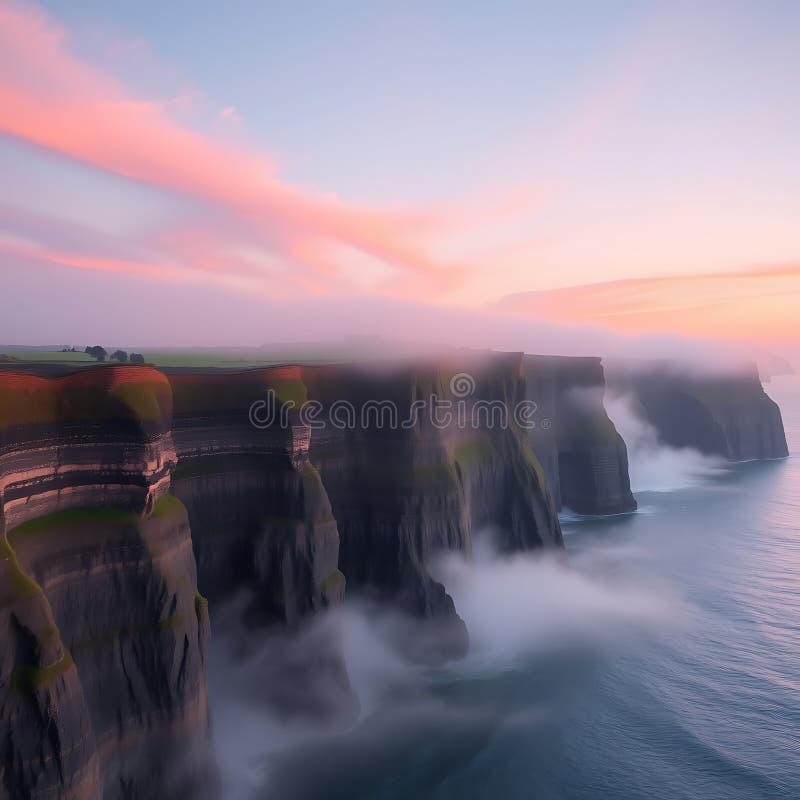 Irish Cliffs with Mist and Pink Sky at Dawn Stock Illustration ...