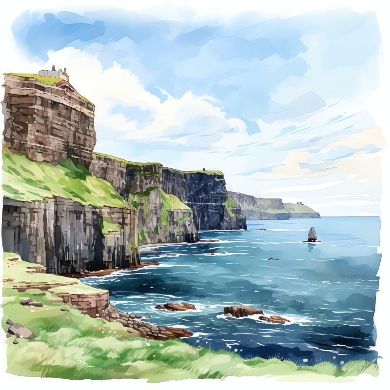 Irish Coastal Cliffs Watercolor Stock Illustration - Illustration of ...