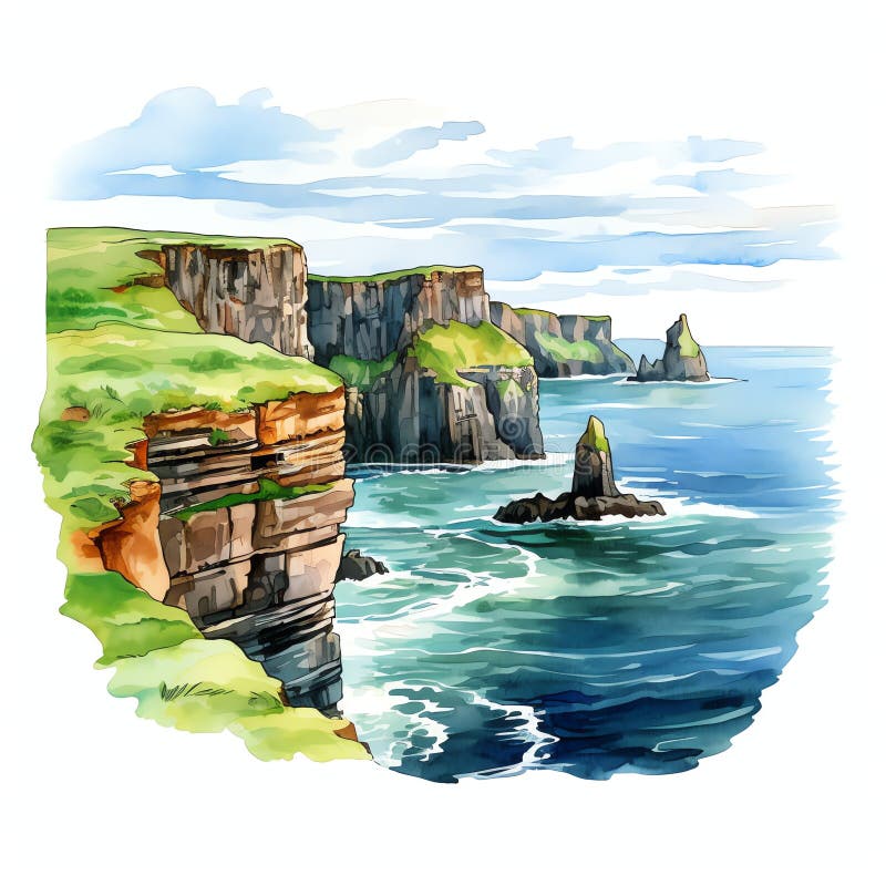 Irish Coastal Cliffs Watercolor Stock Illustration - Illustration of ...