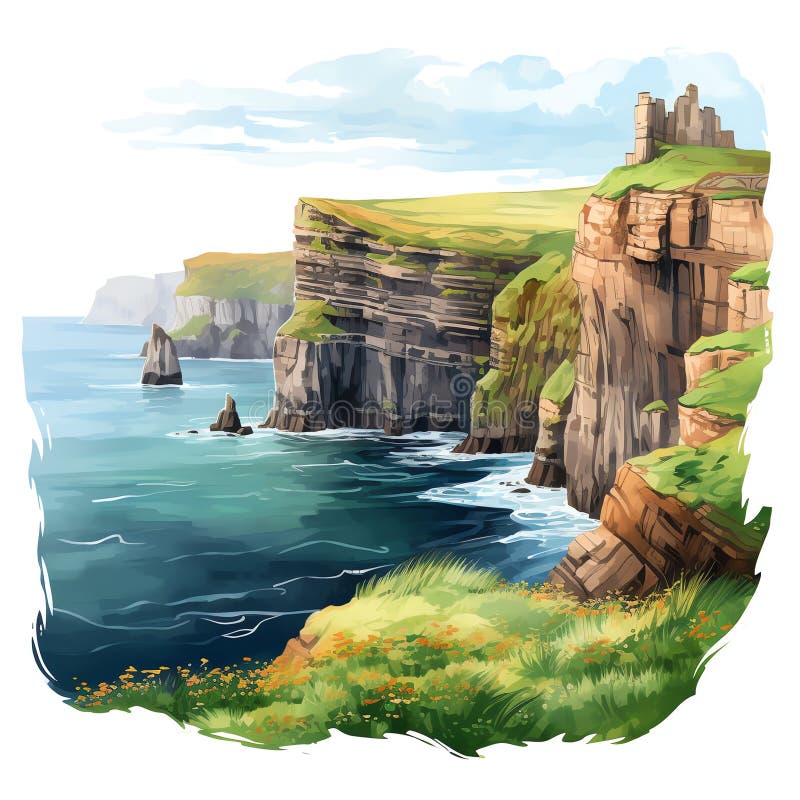 Irish Coastal Cliffs Watercolor Stock Illustration - Illustration of ...