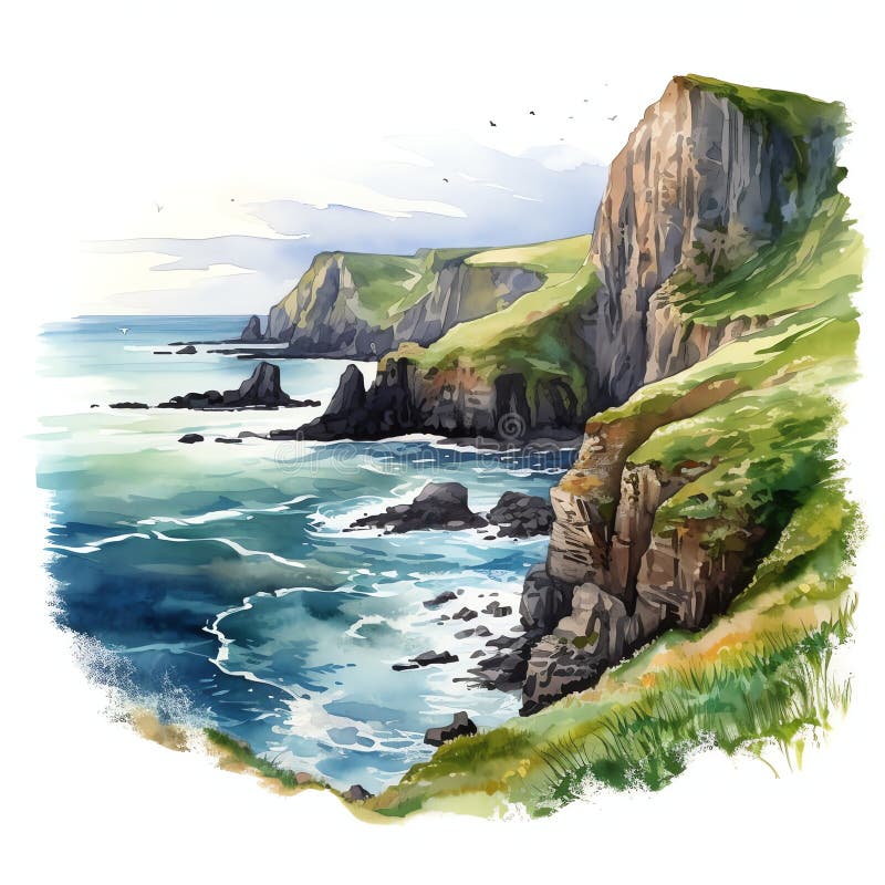 Irish coastline watercolor stock illustration. Illustration of patrick ...