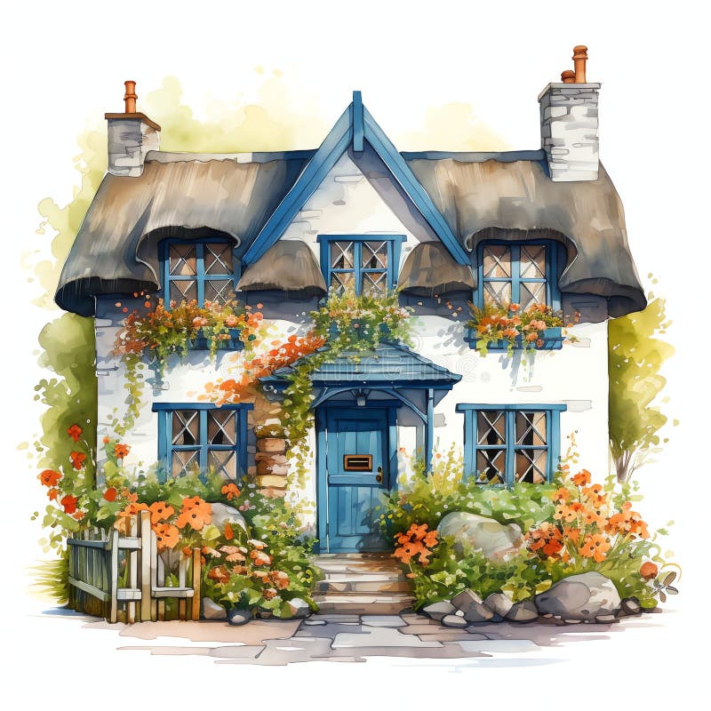 Irish Cottage in the Countryside Watercolor Stock Illustration ...