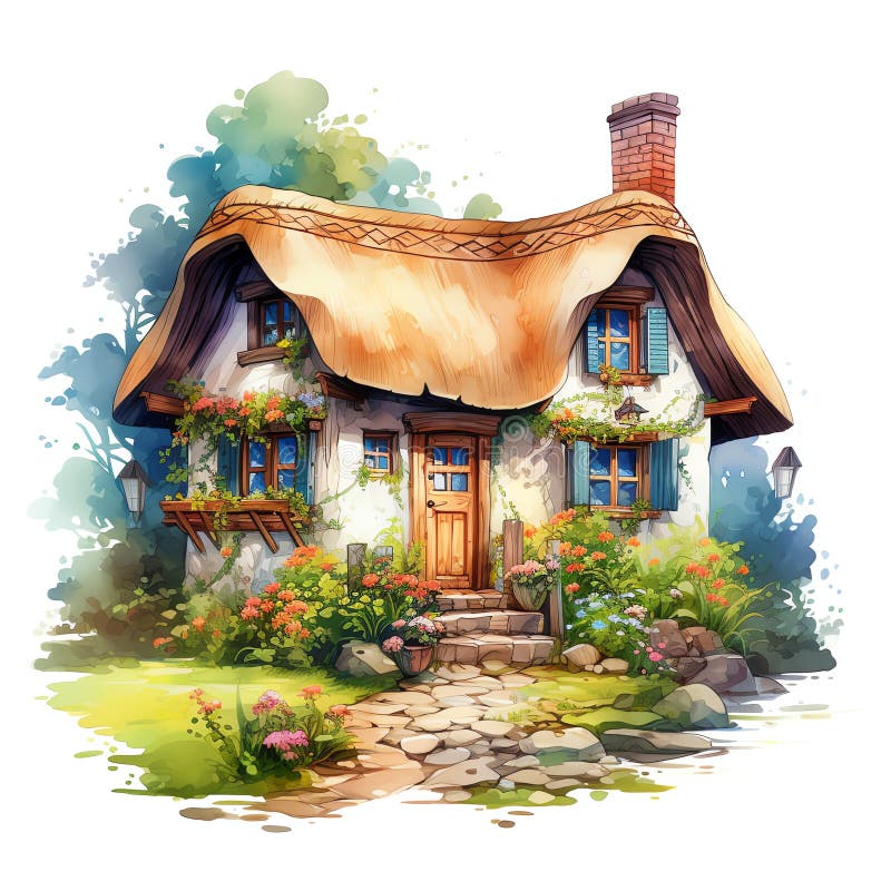 Irish Cottage in the Countryside Watercolor Stock Illustration ...