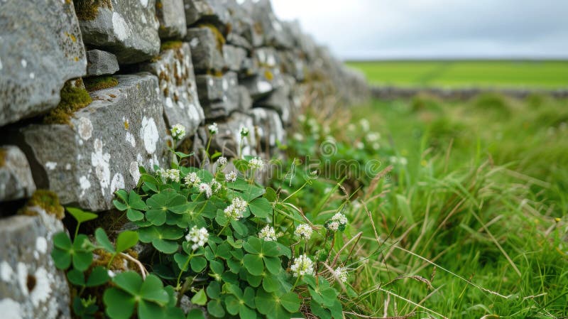 Irish Countryside with a Mossy Stone Wall, Clovers, and Lush Green ...