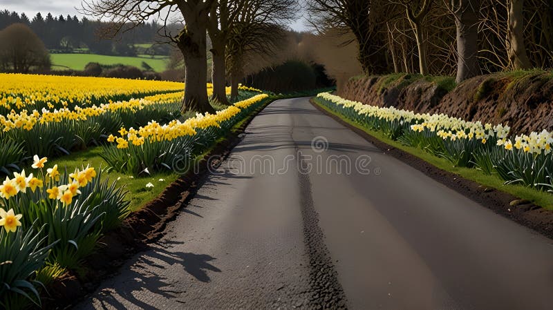 An Irish Countryside Road Lined with Blooming Spring Daffodils Stock ...