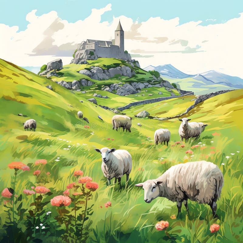 Irish Countryside with Sheep Watercolor Stock Illustration ...
