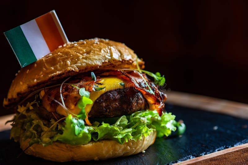 Irish hamburger with bacon stock image. Image of copy - 146002253