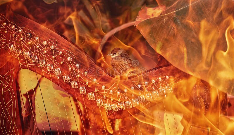 Irish Harp and Smal Bird. Instrument Closeup. Fire Effect. Stock Photo ...