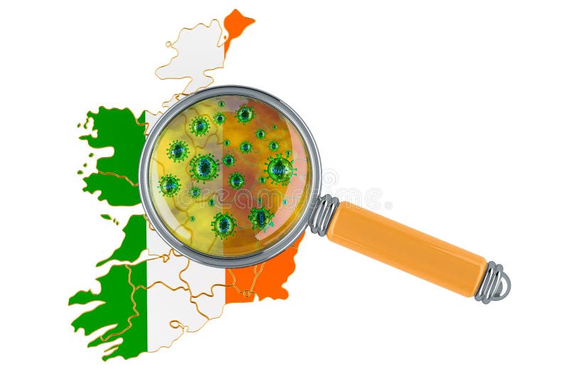 Irish Map with Coronavirus Under Magnifier, 3D Rendering Stock ...