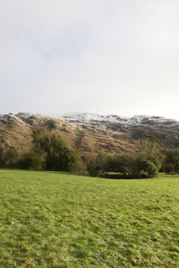 Irish Rocky Mountain and Fields Snow Scene Stock Image - Image of grass ...