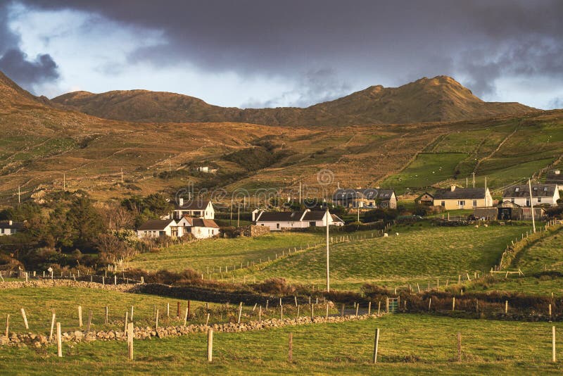 Irish Village, Mountains and Pastures Stock Image - Image of panoramic ...