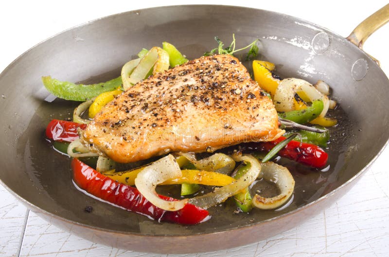 Irish wild salmon in a pan stock photo. Image of meat - 33055536