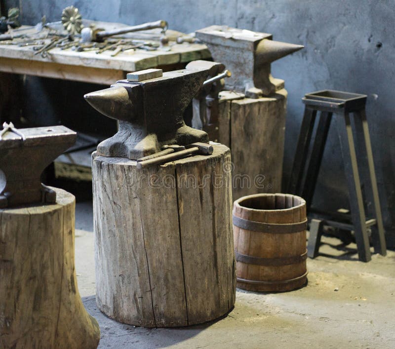 Iron Anvil Stands on a Wooden Stump Stock Image - Image of furnace ...
