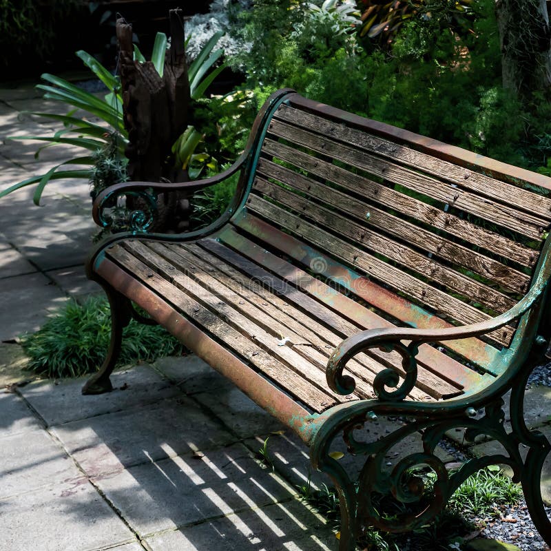 Iron bench in the garden stock image. Image of greenery - 257604389