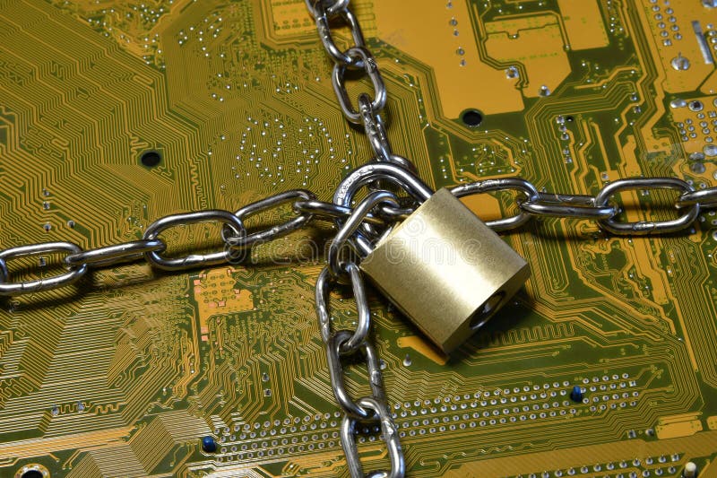 Iron Chain and Padlock on the Printed Circuit Board. Cyber â€‹â ...