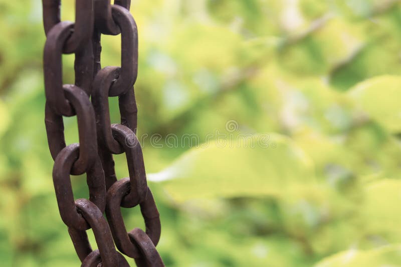 Iron Chain with Rusty Brown Rings Hanging Vertically on a Blurred Green ...