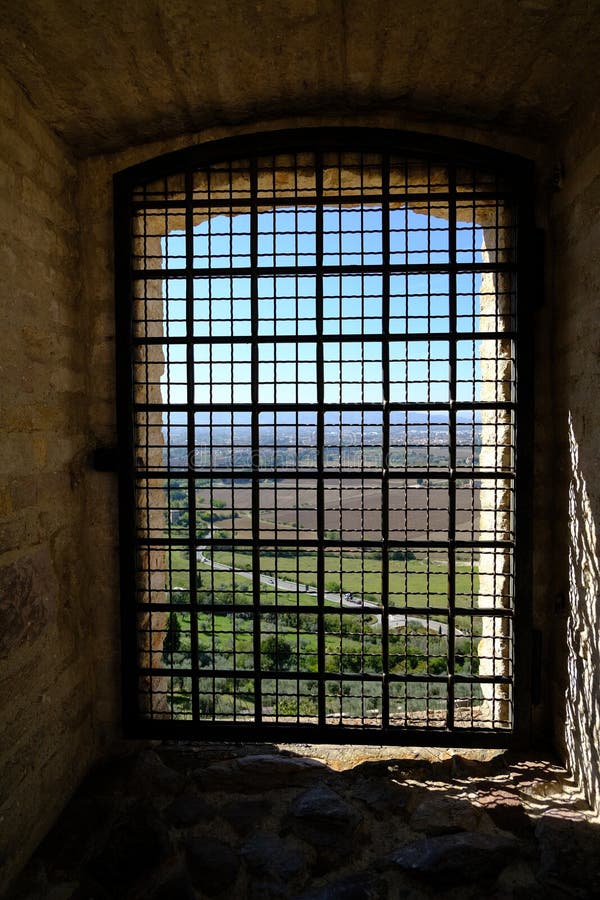 Iron Grating of an Old Window with the Countryside Stock Photo - Image ...