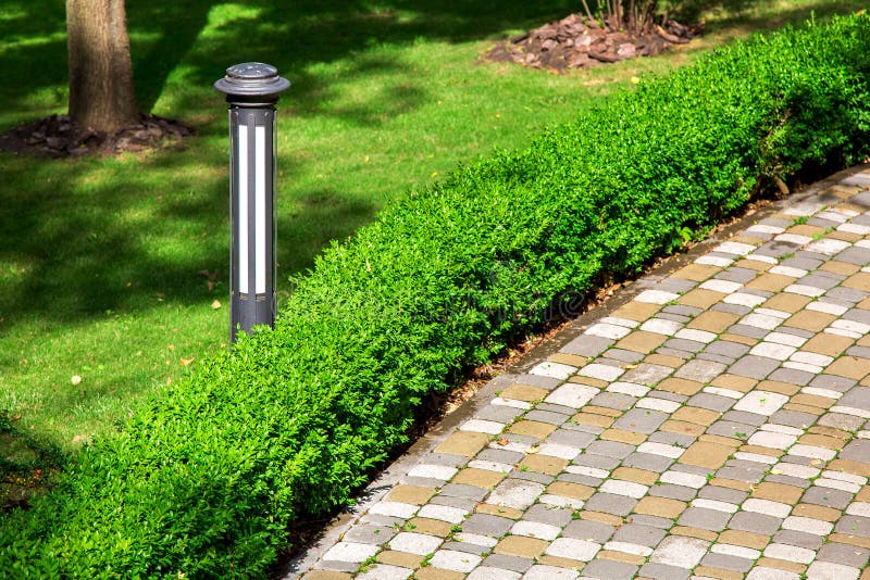 Iron Ground Lantern Lighting a Stone Tile Path. Stock Photo - Image of ...